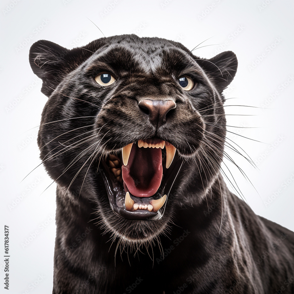 Predatory angry scary black panther leopard growls and bares its fangs ...