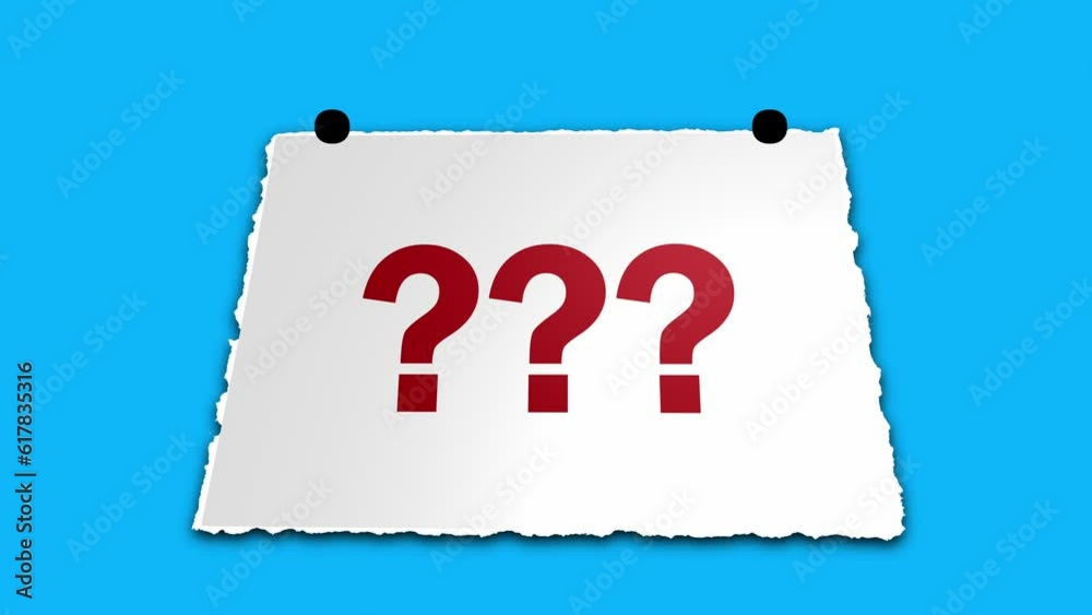 Question marks written on white torn paper note pad notes blue ...