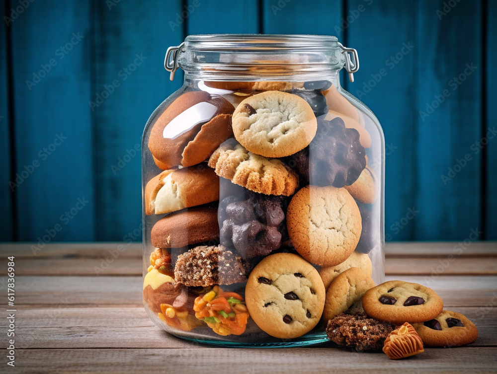 Various types of biscuits are kept in transparent glass jars on the ...
