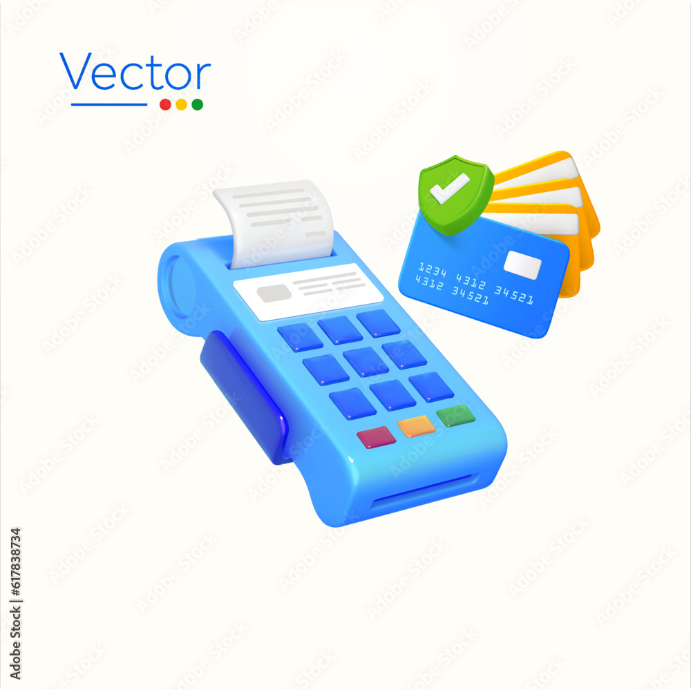 3d pos terminal device with banking credit cards, green checkmark ...