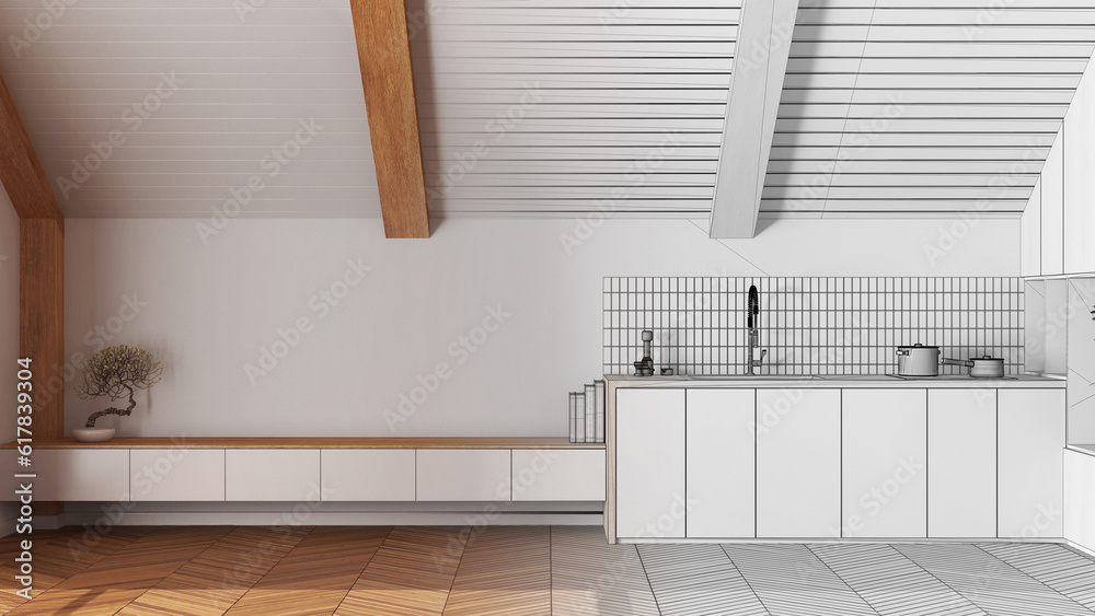 Architect interior designer concept: hand-drawn draft unfinished ...