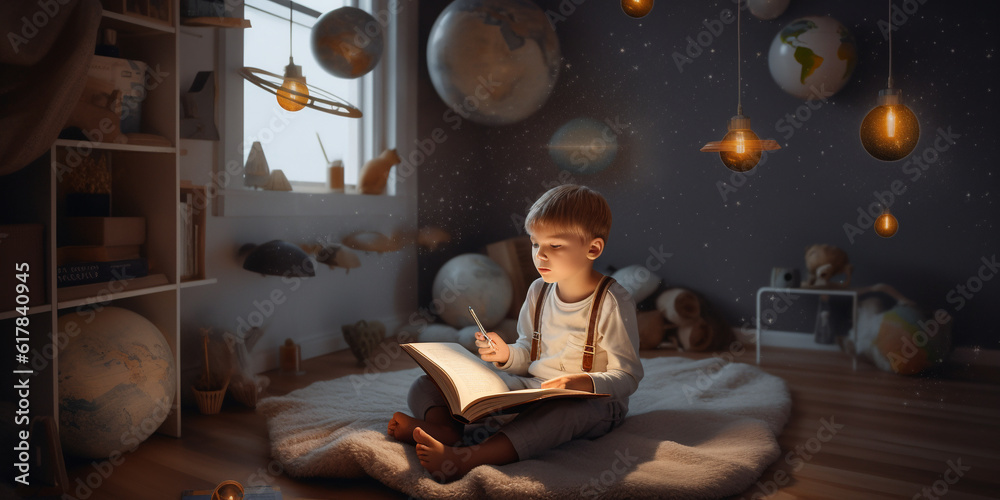 Generative AI, a child reads a book in a children's room, a boy or a ...
