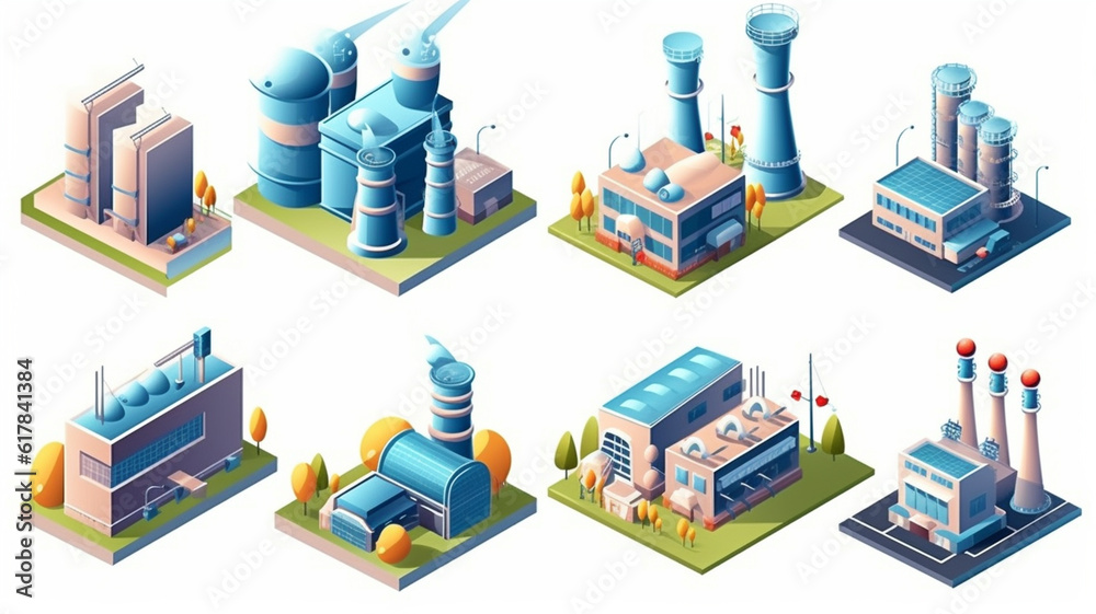 Industrial energy buildings set in isometric design. Power plants and ...