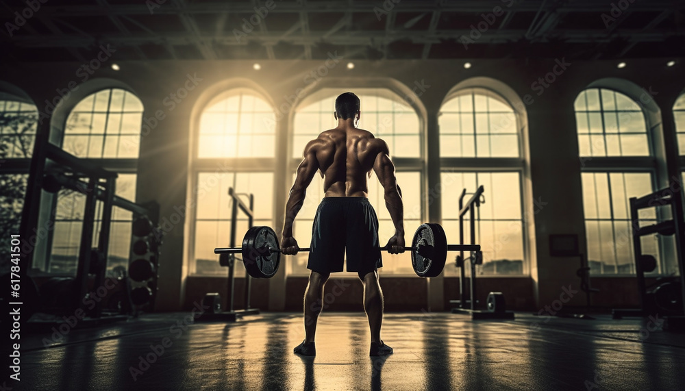 Muscular athlete exercising strength indoors, weightlifting with ...