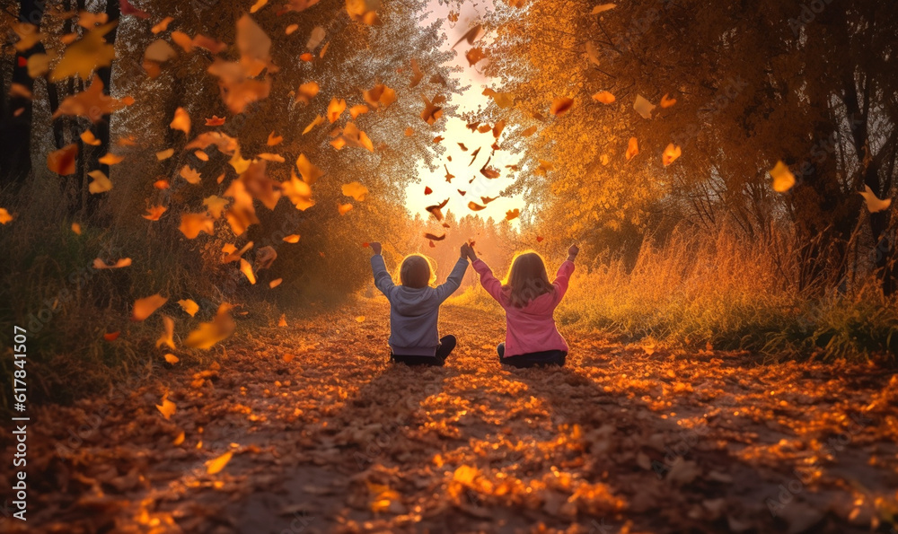 Kinder werfen Laub in die Luft im Herbst, generative AI Stock ...