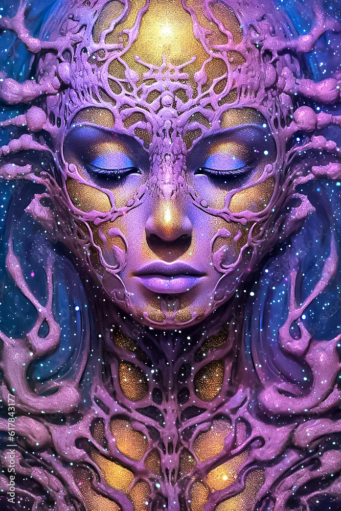 Fantasy alien woman face with golden skin in purple mask. Generative AI ...