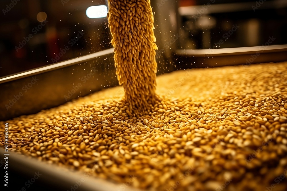 Grain harvesting. The process of pouring grain into a container ...