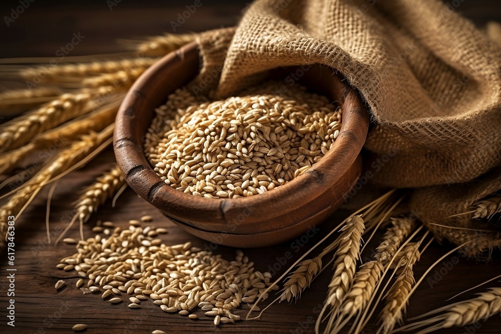 Grains in a clay bowl, spikelets of wheat and burlap. Agricultural ...
