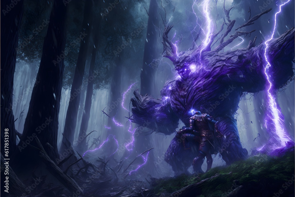 Violet Thunder Rain Elemental Attacking Bandits In A Sprawling Forest Concept Art Surreal Hyper