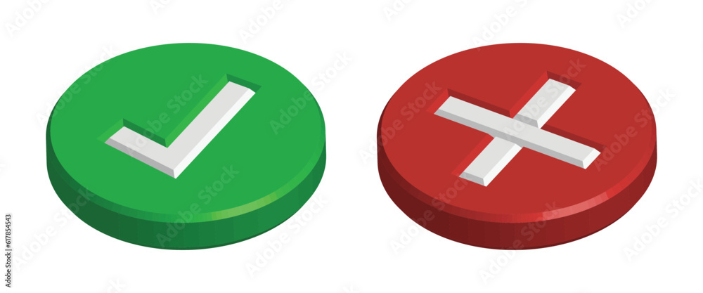 Realistic 3D Green Right Check Mark Icon, Wrong Checkmark Icon, Glossy ...