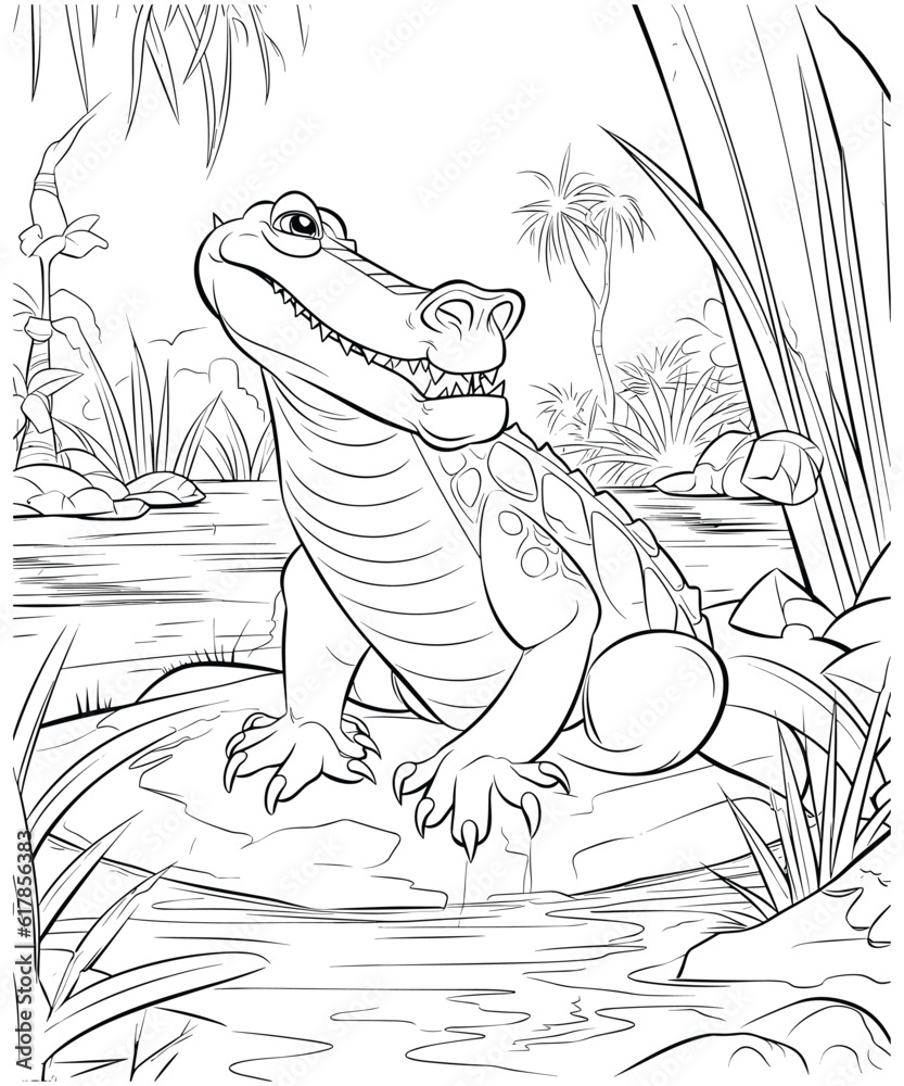 Crocodile Coloring Page for Kids, hand drawn illustration of a ...