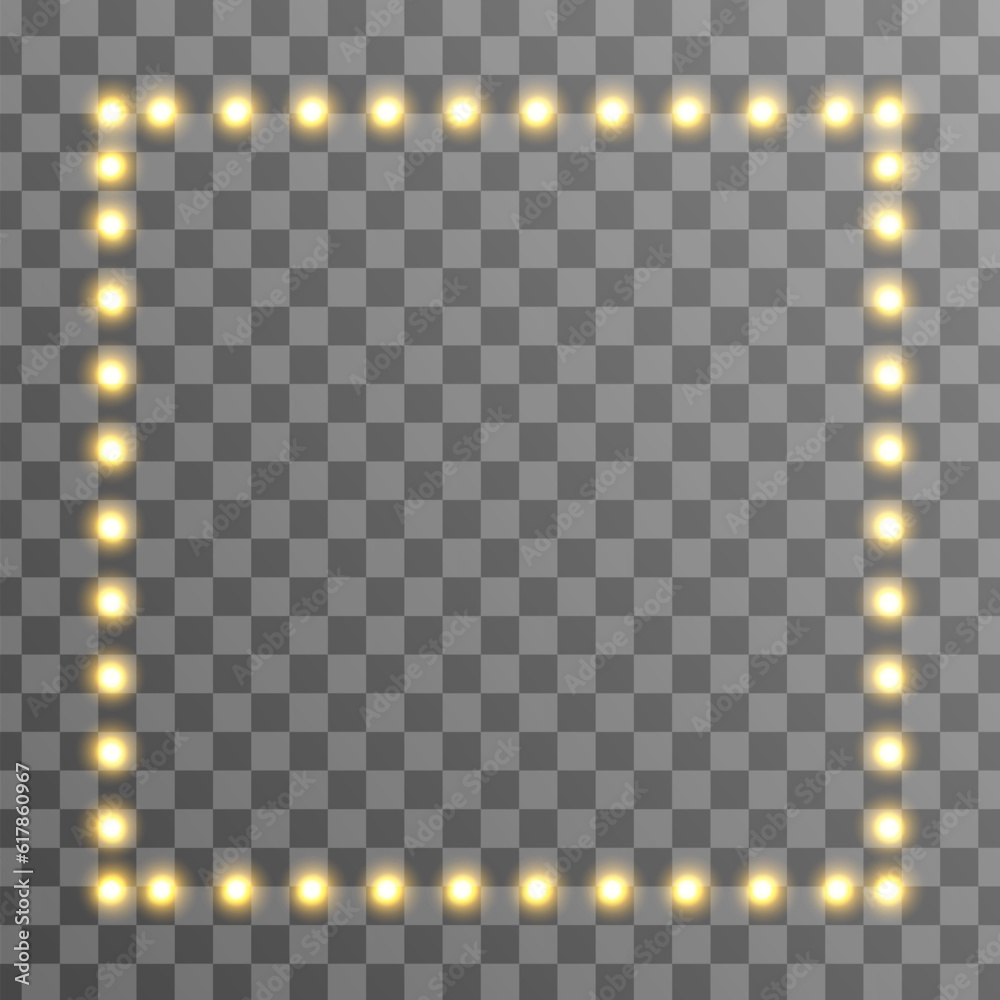 Light gold square frame. Glitter luxury decoration. Golden bulb border ...