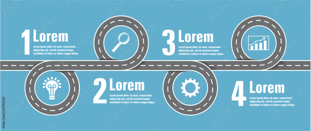 Infographic with road with four steps. Icon material to illustratrate ...