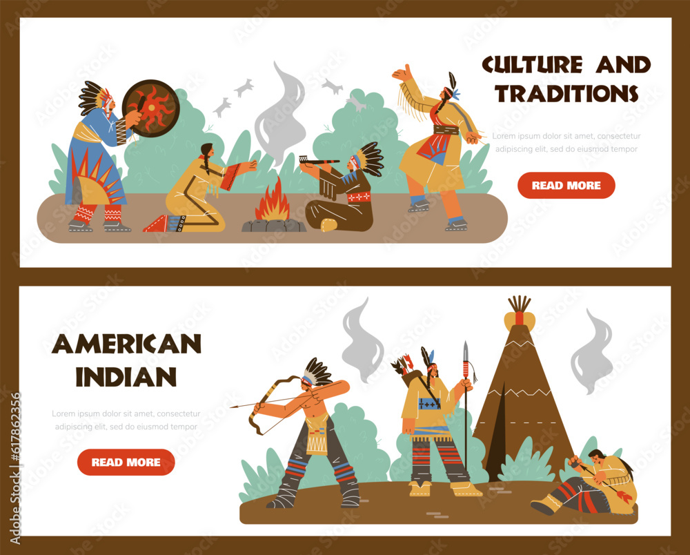 Poster Vector cartoon poster set of native American tribe members in ...