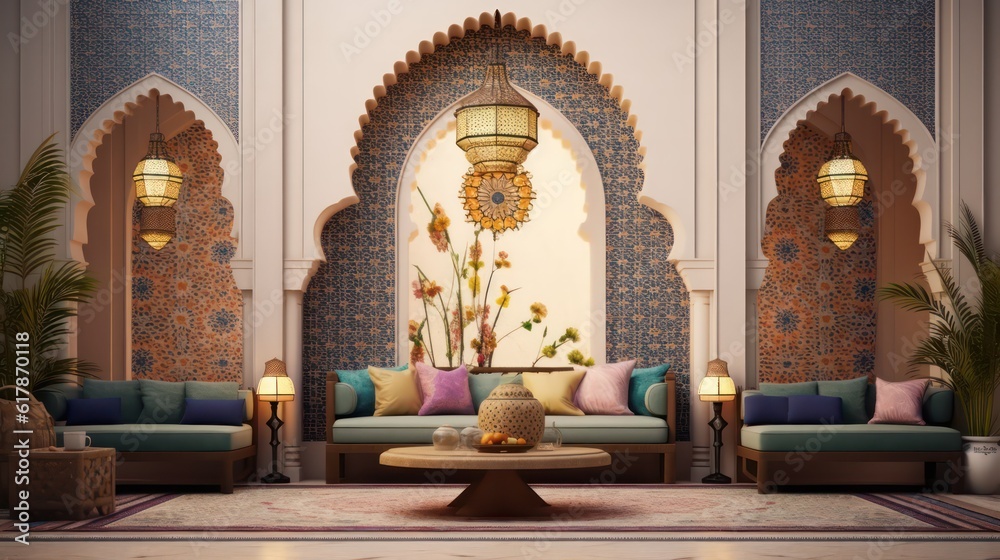 Arabic,Islamic style living room interior design with arch and arabic ...