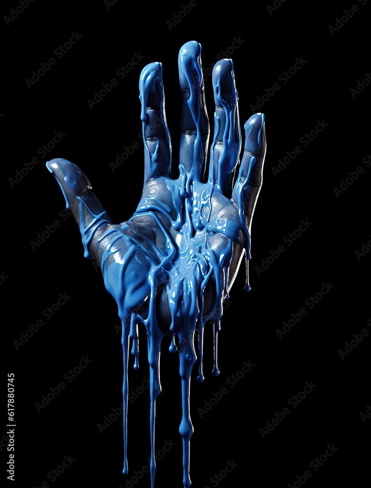 hand in blue paint on a black background, dripping paint from the hand ...