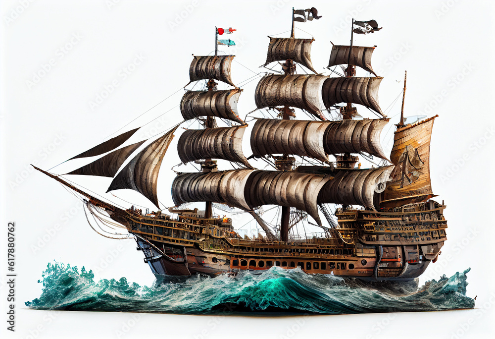 Photorealistic pirate schooner or sailing ship in 16th-17th century ...