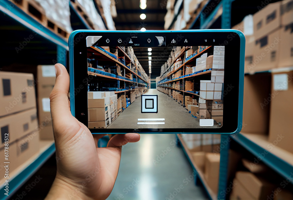 Augmented reality in logistics. The digital tablet determines the ...