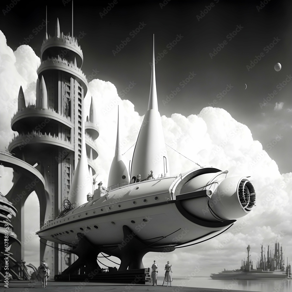 1950s scifi Movie still retro Rocket starship at launching docking ...