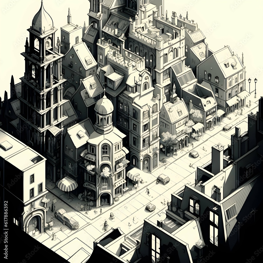 isometrical drawing manga line art town grid is a mix of modern Roman ...