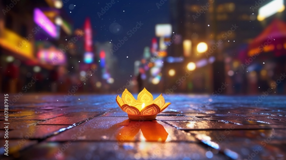 Happy Diwali - Lit diya lamp on street at night. Happy Diwali festival ...