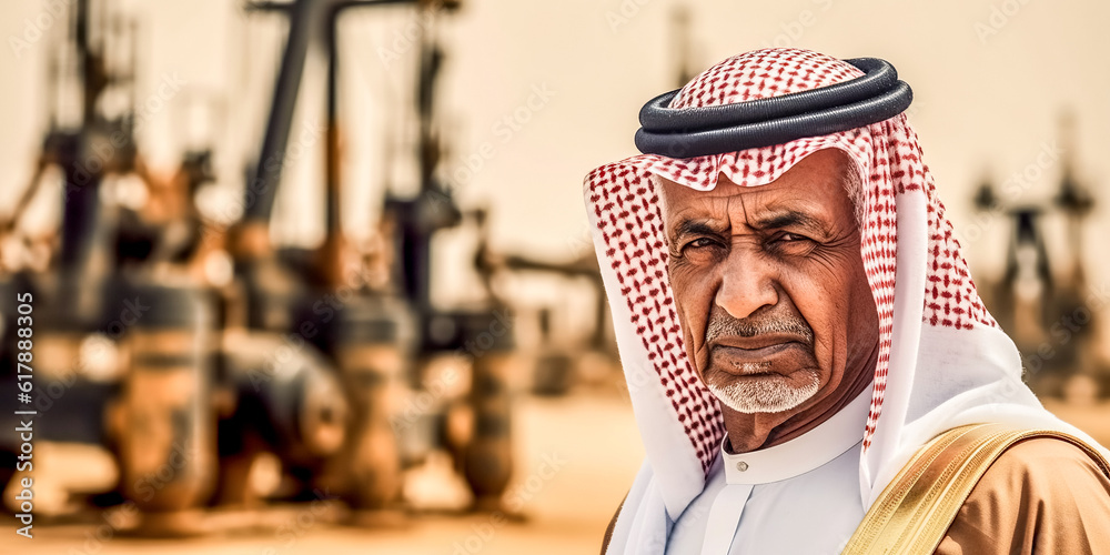 Successful Muslim Arab businessman with an oil pump, oil refinery plant ...