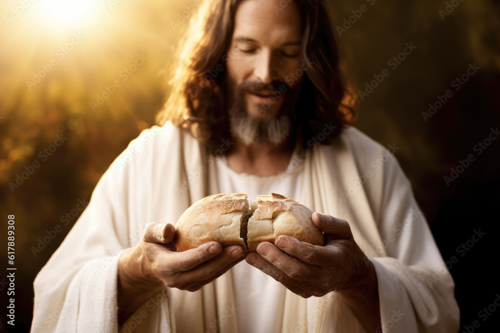 Jesus Christ Breaking Bread with Flowery Hands in Holy Light , Gospel of Luke 24:30-31 Inspired ...