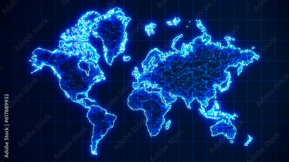 Futuristic glowing world map network connection. 3D blue earth map ...