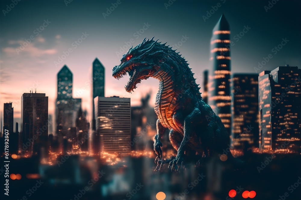 cityscape photo with mythical monster towering above the buildings ...