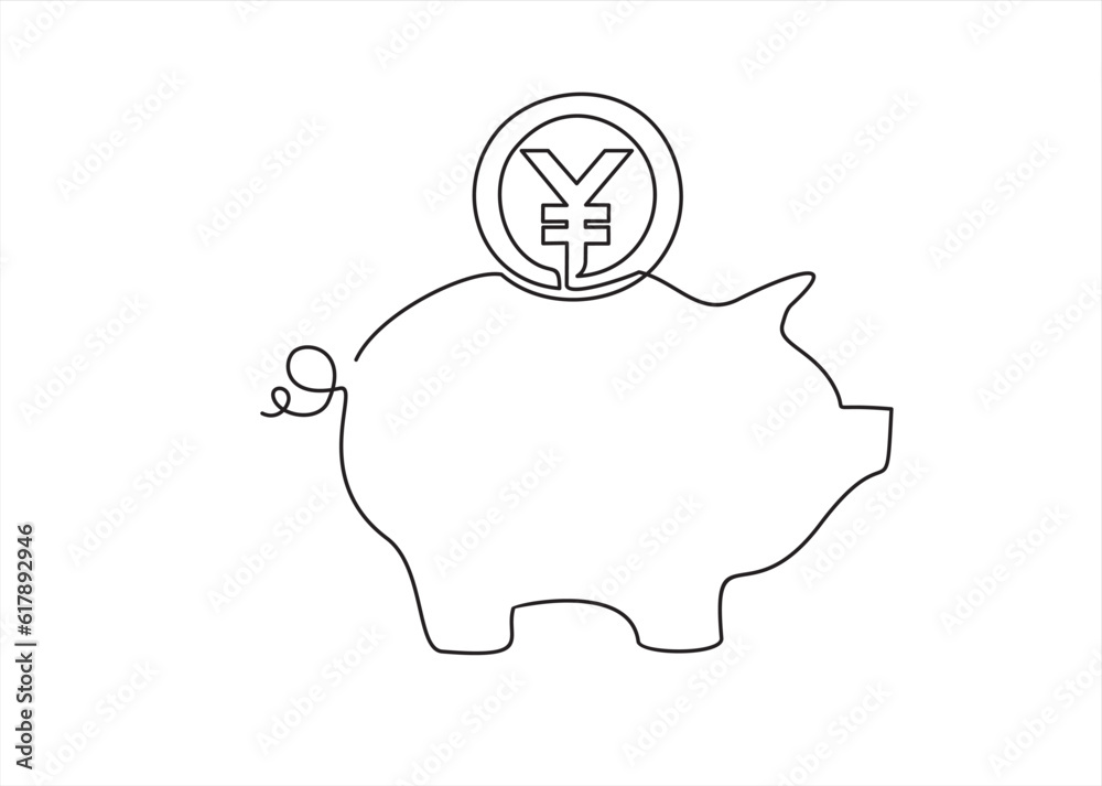 One Continuous line drawing of Piggy bank and coin Chinese yuan. Money ...