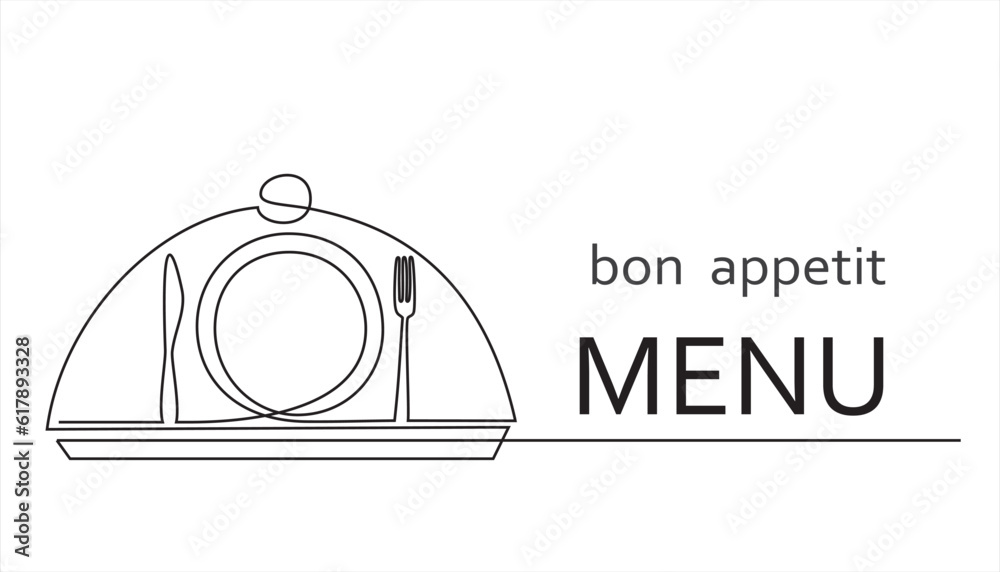 Continuous one single line drawing of plate, fork and knife under the ...