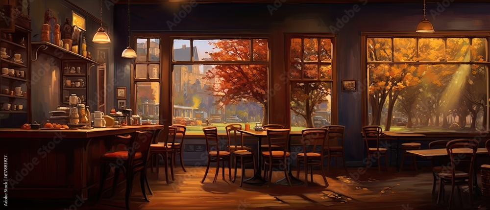 An oil painting background capturing the essence of a cozy cafe, with ...