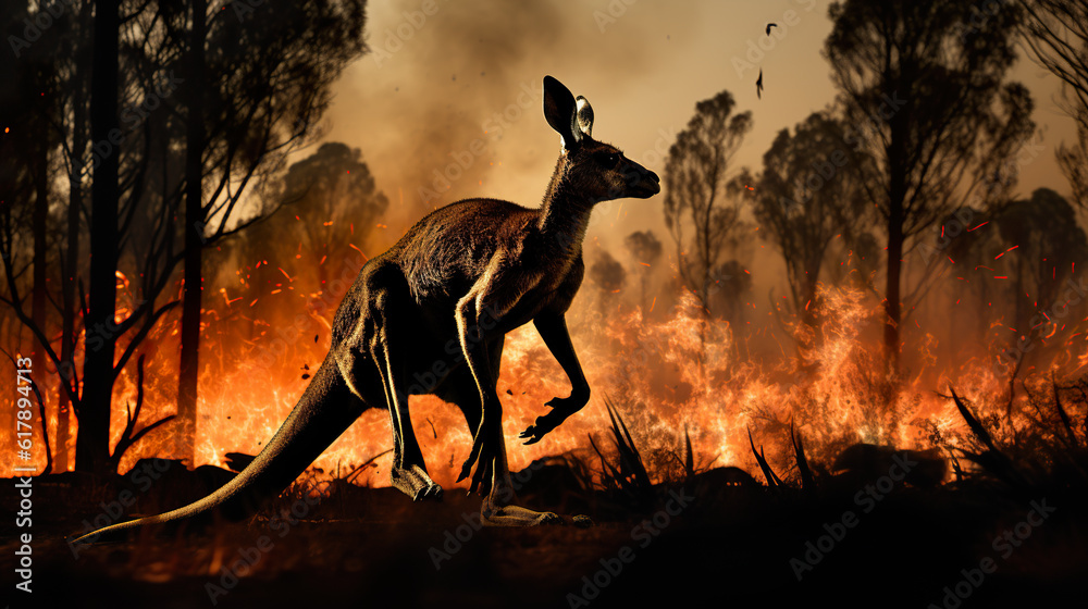 A kangaroo is standing in front of a fire. Generative AI. Wild animals ...