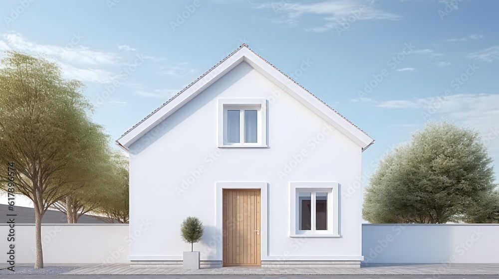 Minimal style white house exterior.Gable roof,glass window and wooden ...