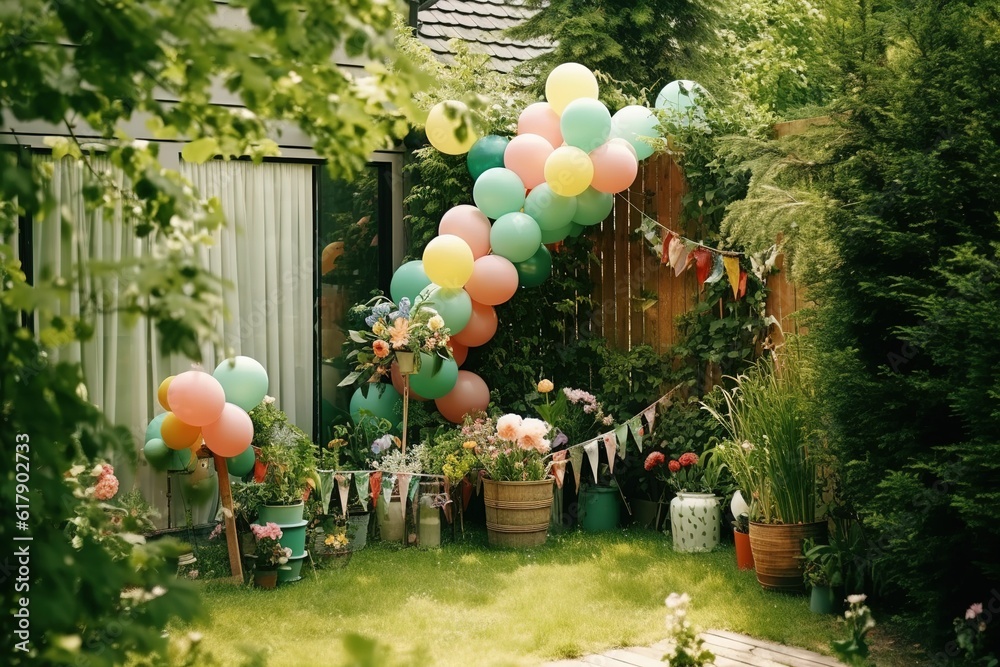 Foto de a lot of balloons in the garden,kids birthday, garden party ...