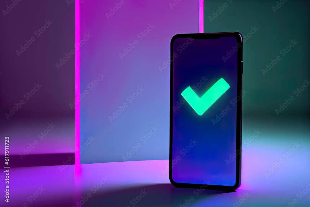 Check mark on smartphone screen.All steps or processes complete ...