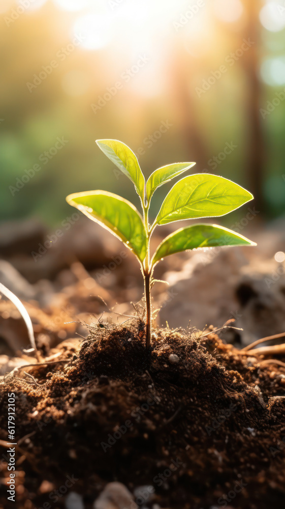 Growing Seedling with Morning Sunshine on Green Bokeh Background, AI ...