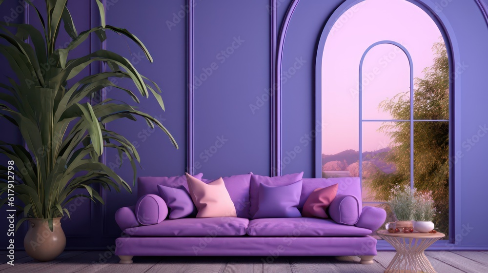Violet room Very Peri.Sofa with pillows and arch window.Modern design ...