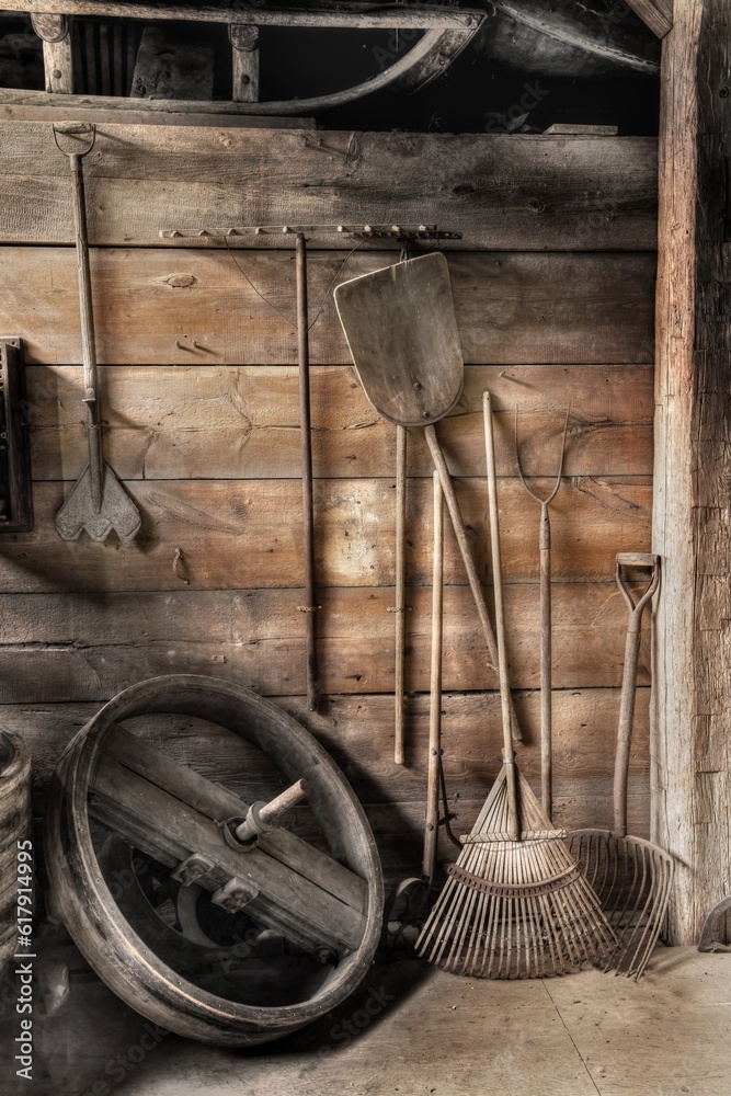 old fashioned farm tools shovels and rakes Stock Photo | Adobe Stock