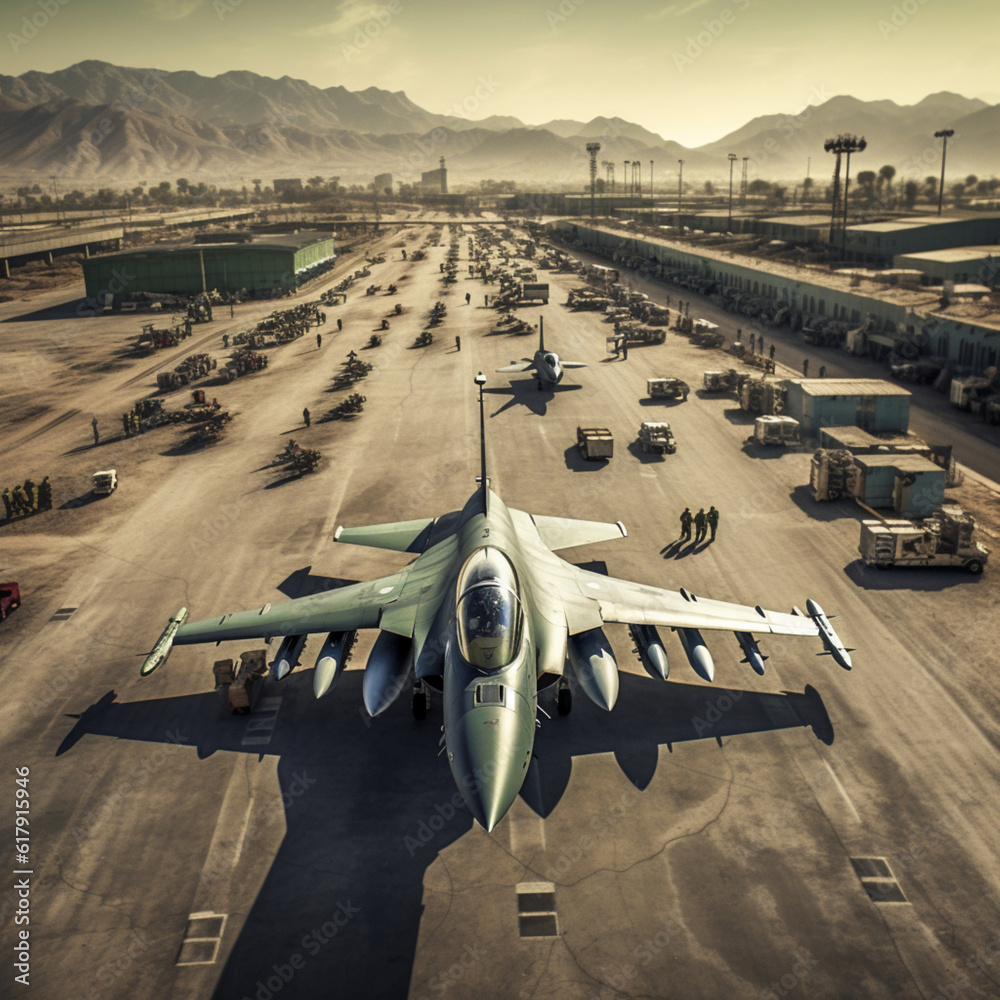 A fighter jet standing on a military base, ultra-realistic illustration ...