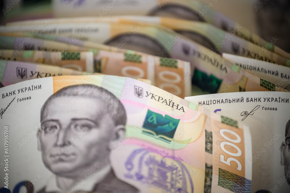 Stack of ukrainian money hryvnia grivna, hryvna with 500 banknotes ...