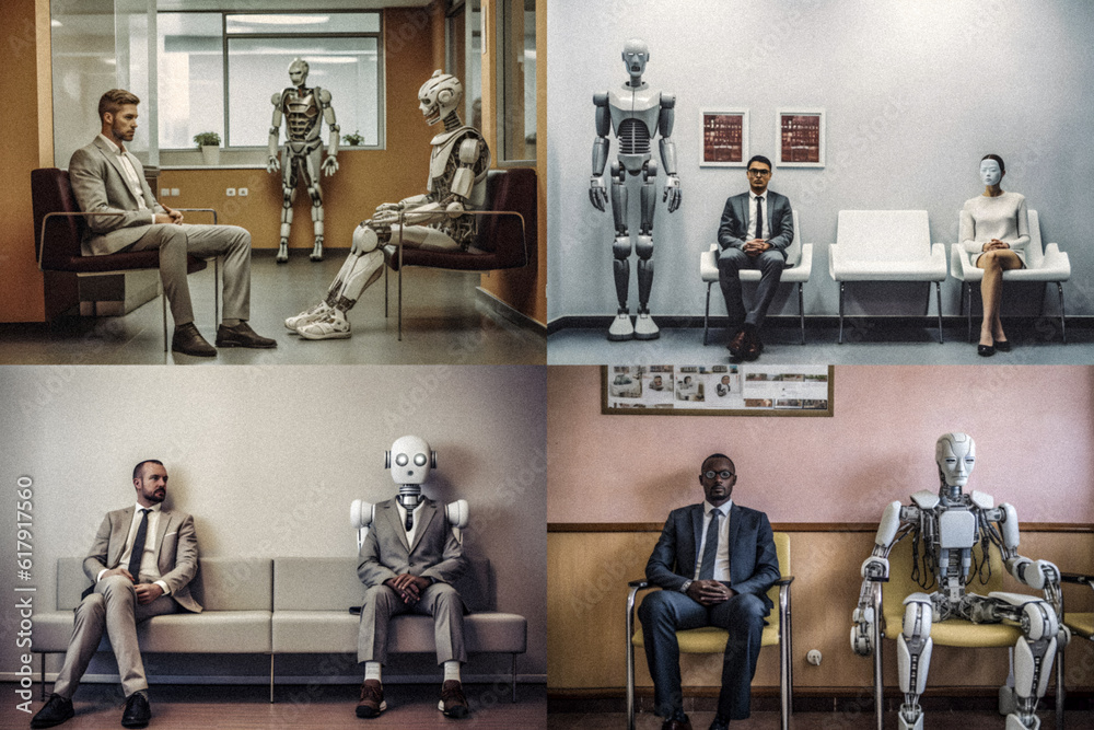 Waiting Together: Man and Robot in a Waiting Room - generative ai Stock ...