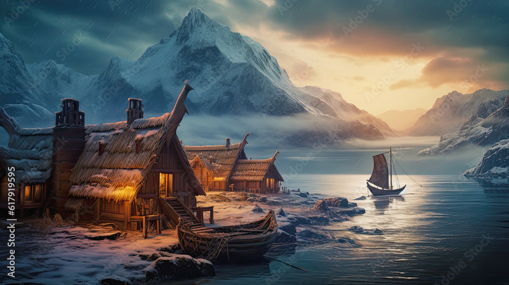 ai generative midjourney illustration of viking houses in a viking ...