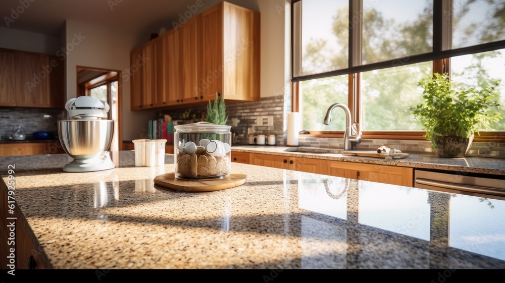 Fragment of a modern kitchen in a luxury home. Quartz countertop, wood ...