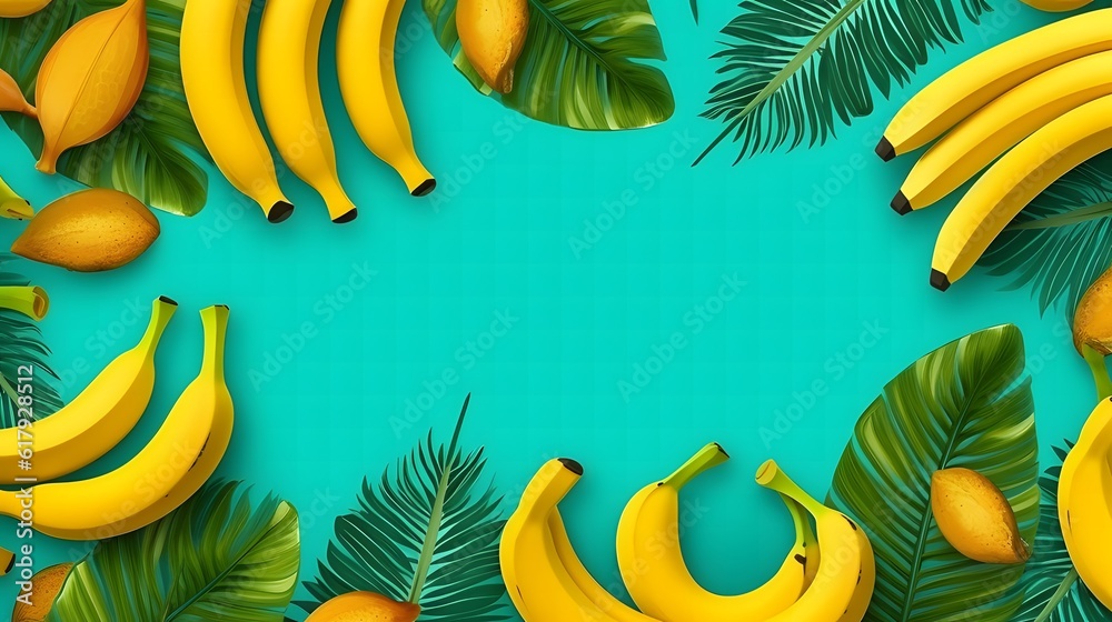 Banana background with tropical leaves and fruits. Realistic Summer ...