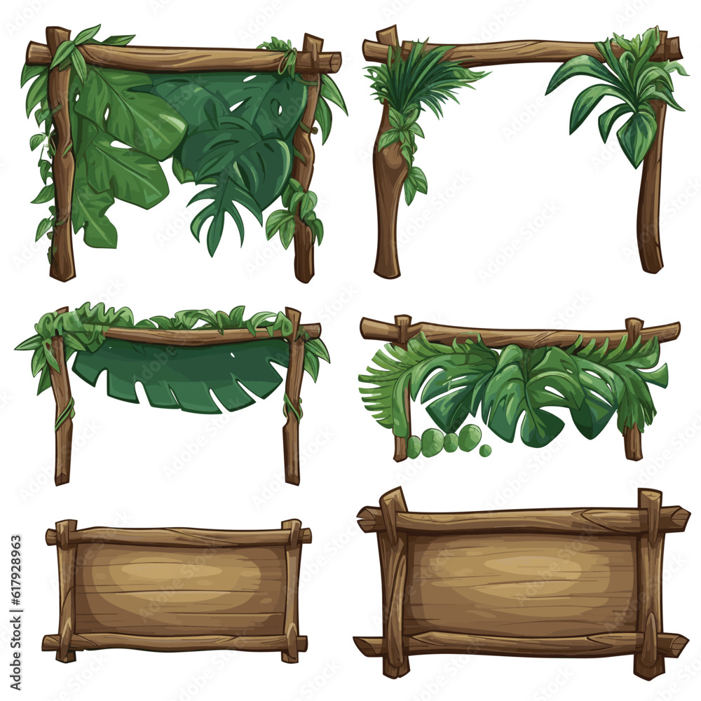 Set of wooden signboard bamboo frame parchment decorated with leaves ...