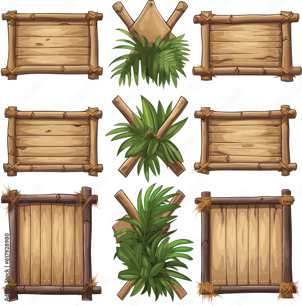 Set of wooden signboard bamboo frame parchment decorated with leaves ...