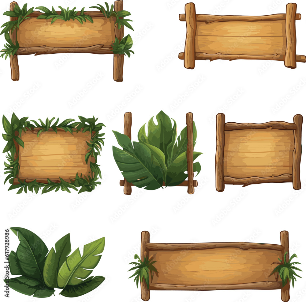 Set of wooden signboard bamboo frame parchment decorated with leaves ...