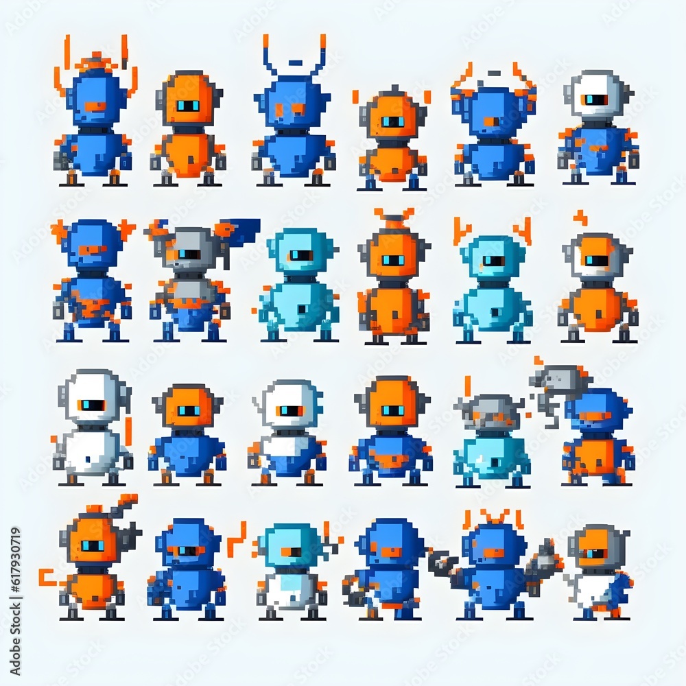 sprite sheet of blue and orange angry but cute little robots 16 bit art ...
