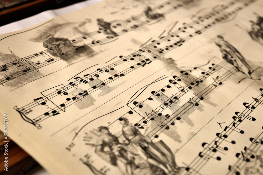 music notes on old paper sheet background, Created using generative AI ...